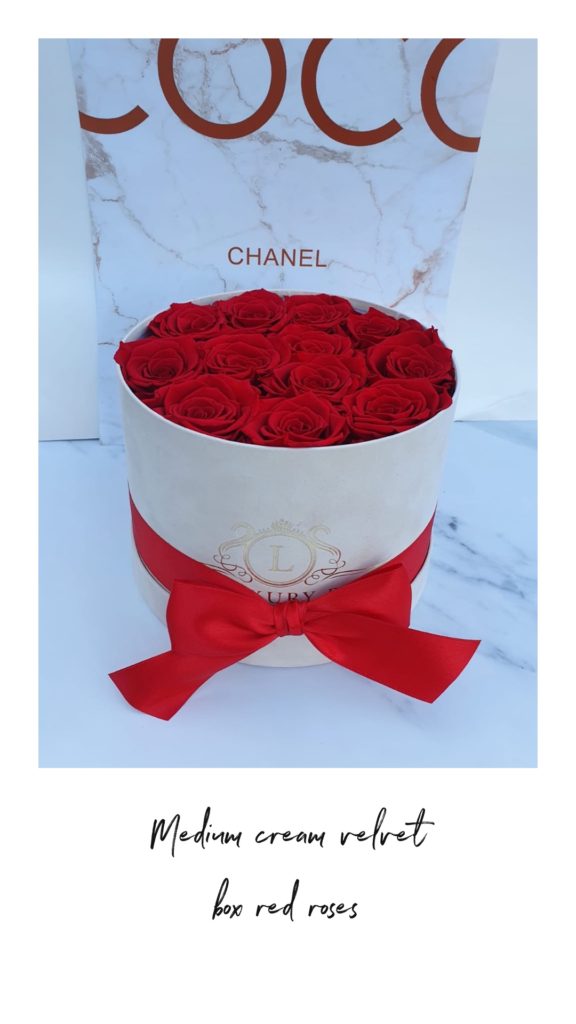 Cream velvet box of red infinity roses - Preserved Rose Arrangements ...